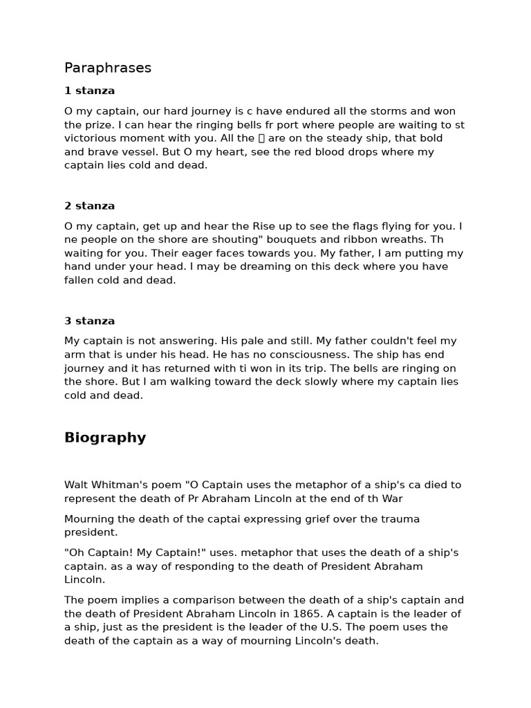 O Captain My Captain Poem | PDF | Walt Whitman | Leaves Of Grass