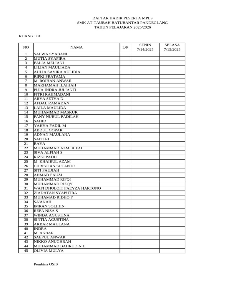Daftar Hadir Peserta Mpls 2025 | PDF