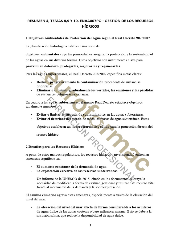 Resumen 4 Temas 8 9 y 10 Enaa007po - Gestión de Los Recursos Hídricos | PDF | Agua subterránea ...