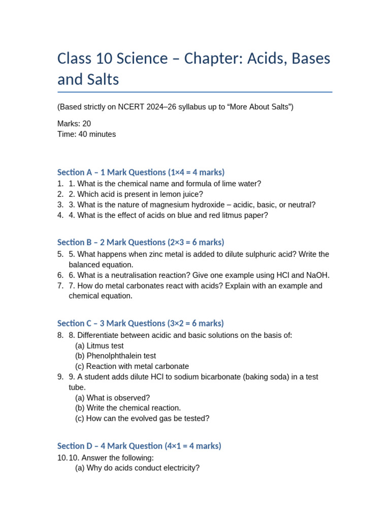 Class 10 Acids Bases Test Trimmed NCERT | PDF
