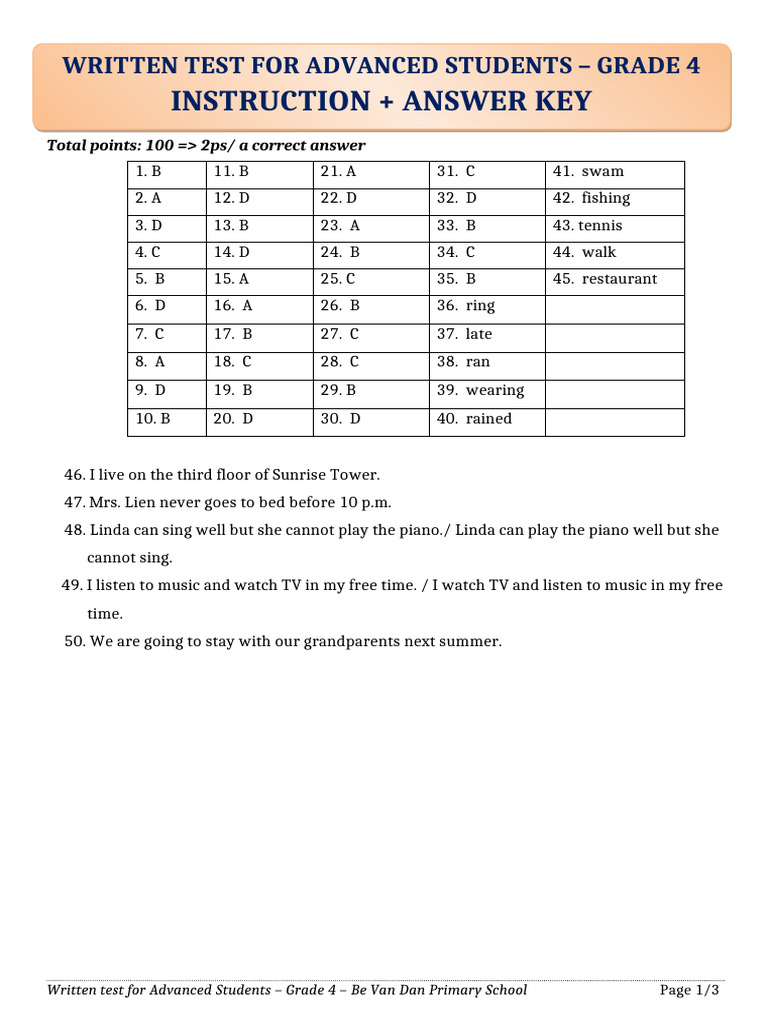 Grade 4 Advanced Test Instructions & Answers | PDF