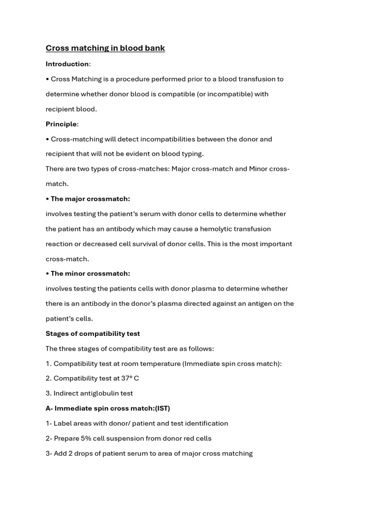 Blood Bank Cross Matching Procedures | PDF | Serology | Blood