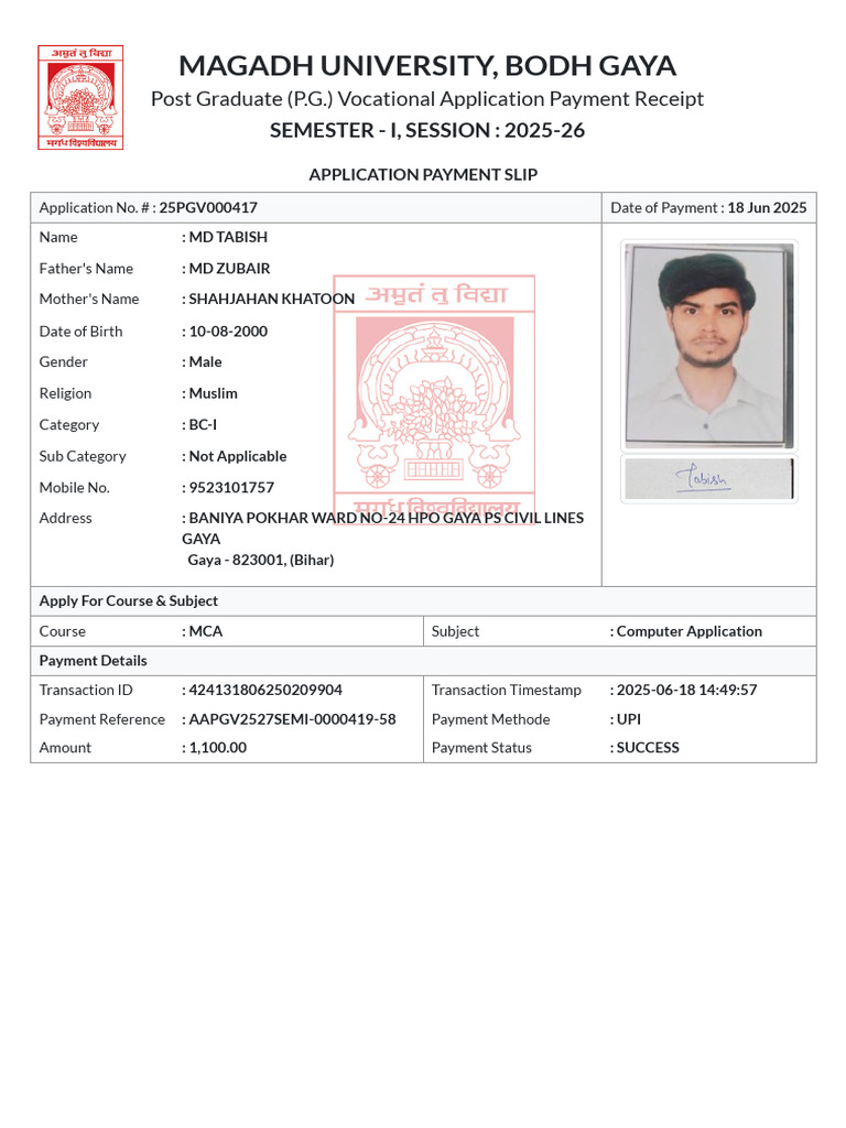 Magadh University P.G. Payment Receipt | PDF
