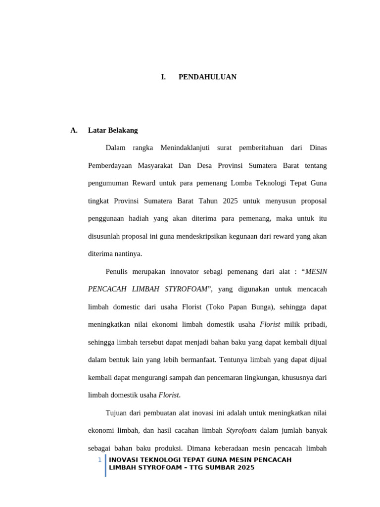 PROPOSAL HADIAH Mesin Pencacah Limbah Styrofoam | PDF