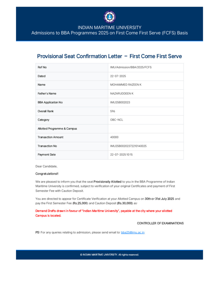 BBA Provisional Seat Confirmation Letter - FCFS | PDF