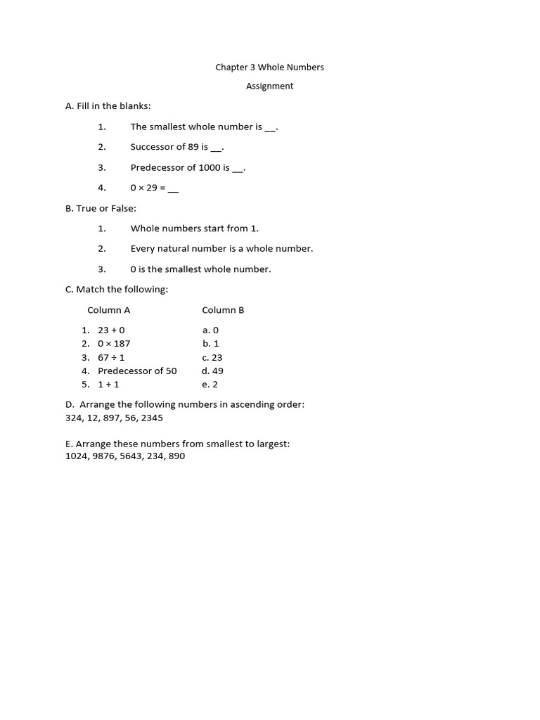 Chapter 3 Whole Numbers Class 6 Assignment | PDF