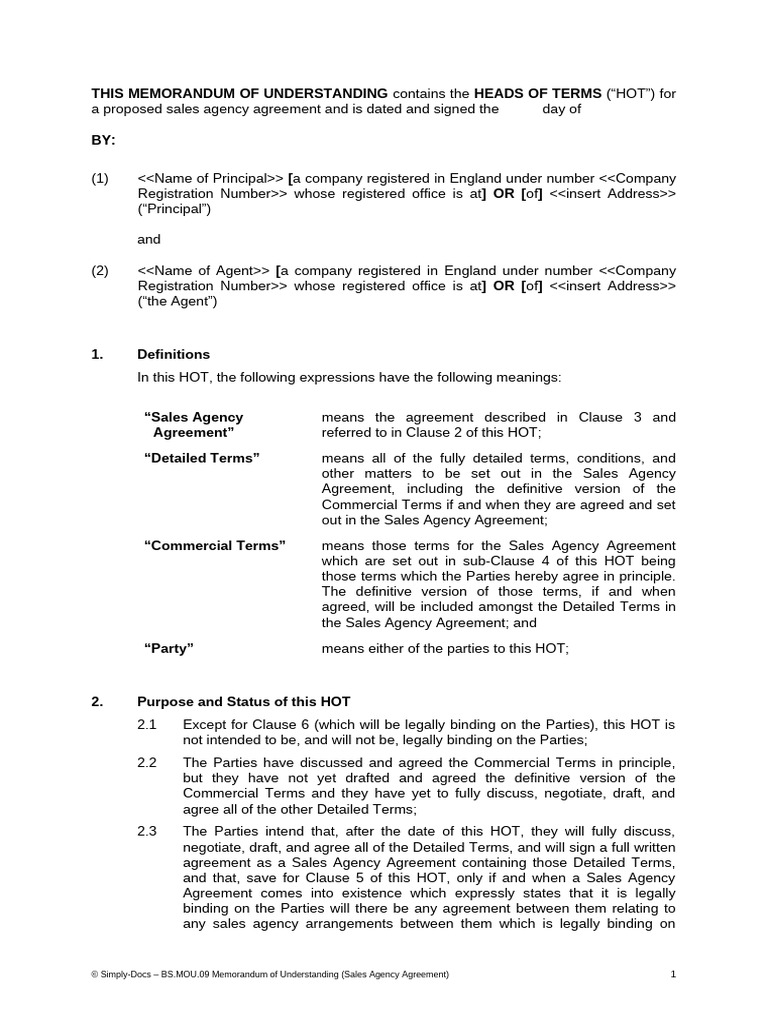 Sales Agency Agreement Heads of Terms | PDF | Legal Remedy | Breach Of ...