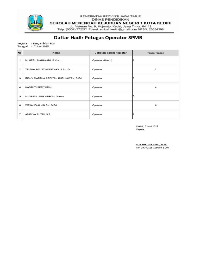 Presensi Petugas Operator SPMB 2025 TGL 7 Juni | PDF