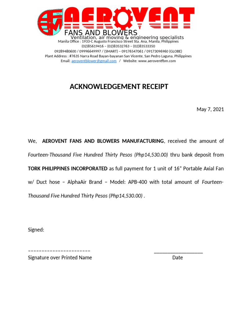 Acknowledgement Receipt - ToRK - 050721 | PDF