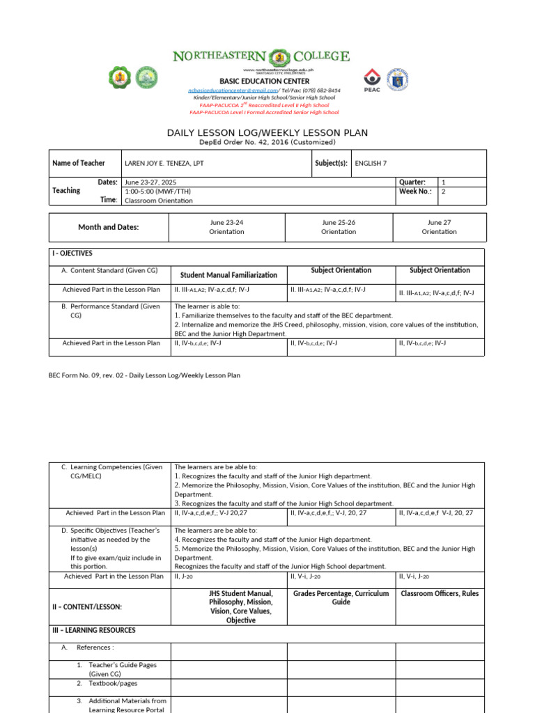Week 2 Students Orientation | PDF | Teachers | Lesson Plan