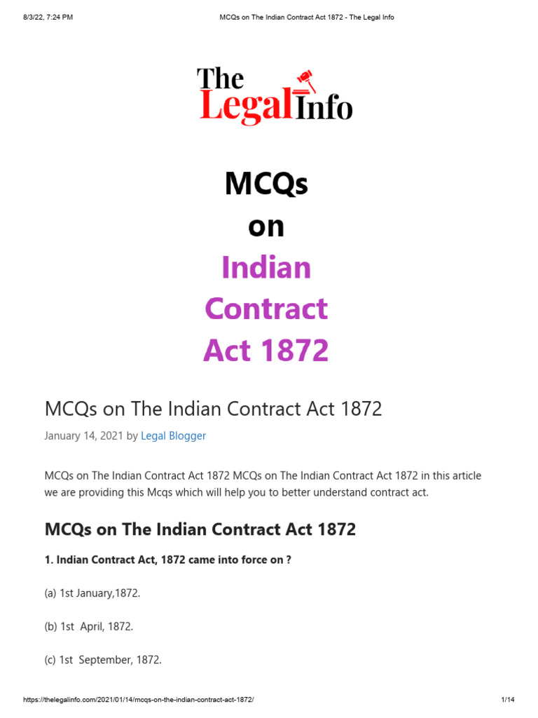MCQs on Indian Contract Act 1872 | PDF | Guarantee | Civil Law (Common Law)