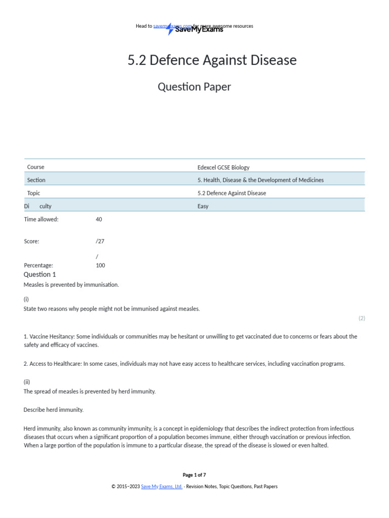 Edexcel GCSE Biology: Disease Defense | PDF | Vaccines | Infection