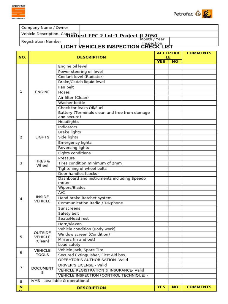 Light Vehicle Inspection Checklist | PDF | Vehicles | Motor Vehicle