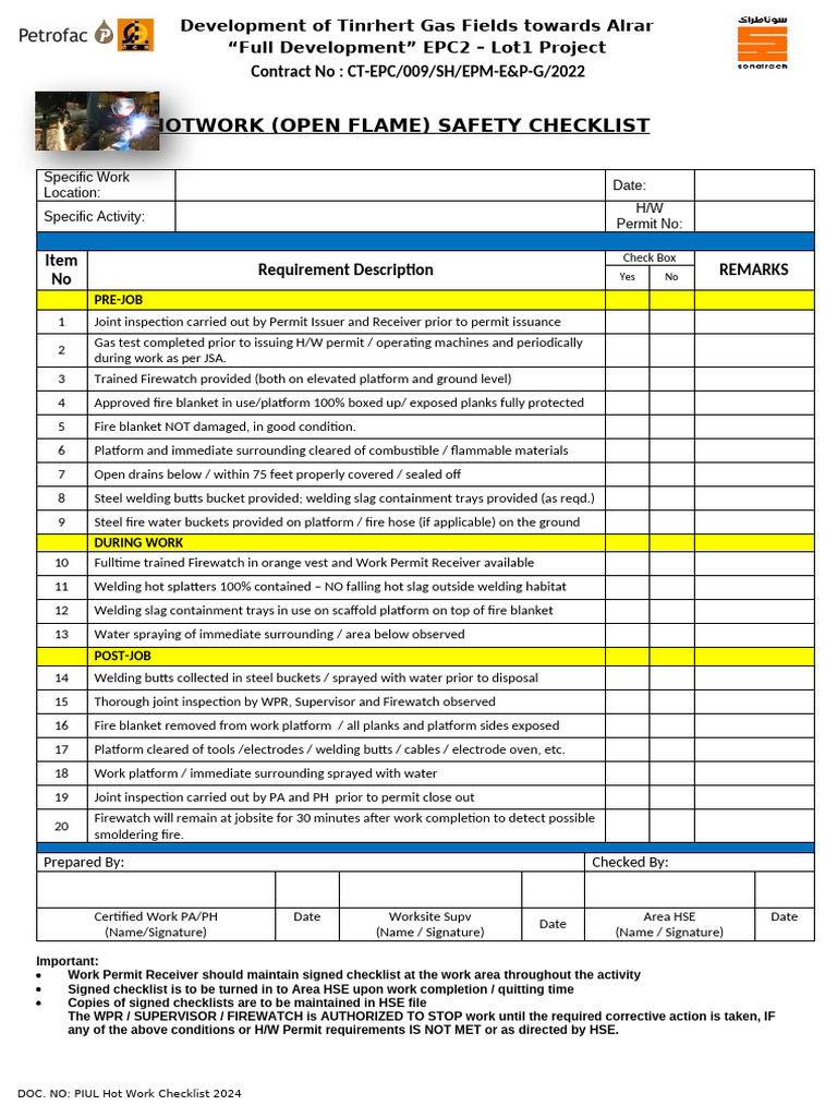 Hotwork Safety Checklist | PDF | Welding | Construction