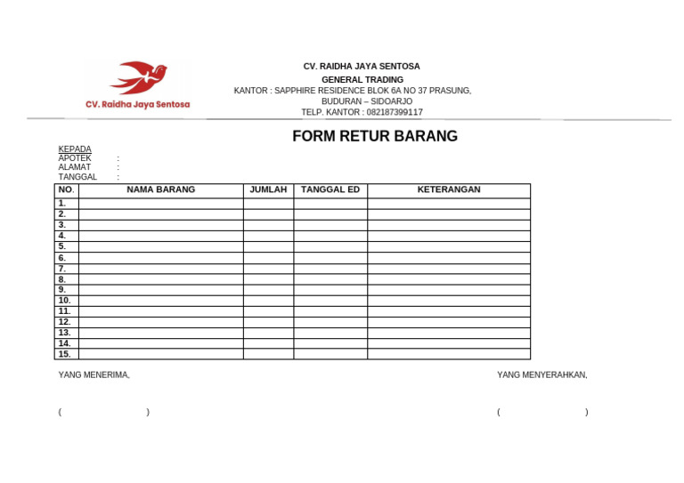 Form Retur Barang Apotek CV. Raidha Jaya | PDF