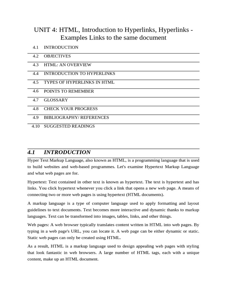 4 HTML, Introduction To Hyperlinks, Hyperlinks - Examples Links To The Same Document | PDF ...