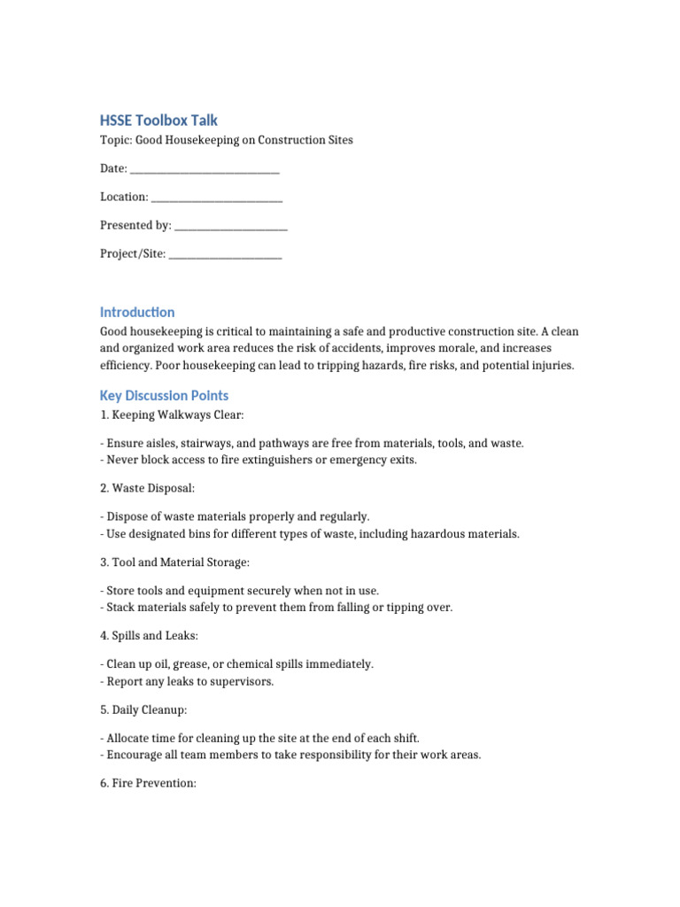 HSSE Toolbox Talk Housekeeping | PDF