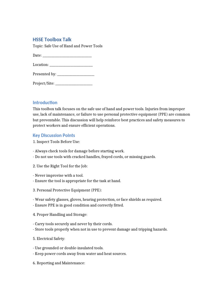 HSSE Toolbox Talk Detailed | PDF