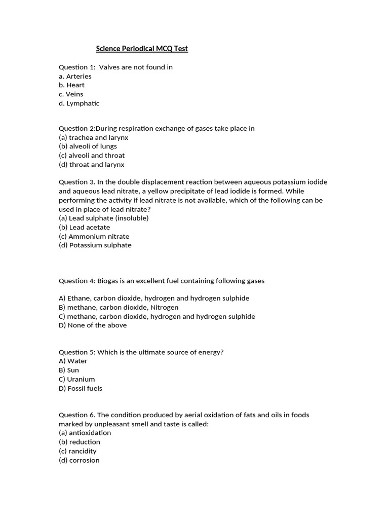 Science MCQ Test on Chemistry and Biology | PDF | Oxide | Lung