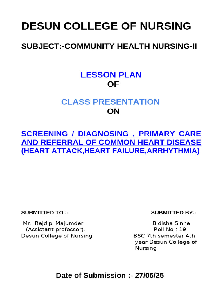 Lesson Plan Screening Diagnosing Primary Care and Referral of Common ...