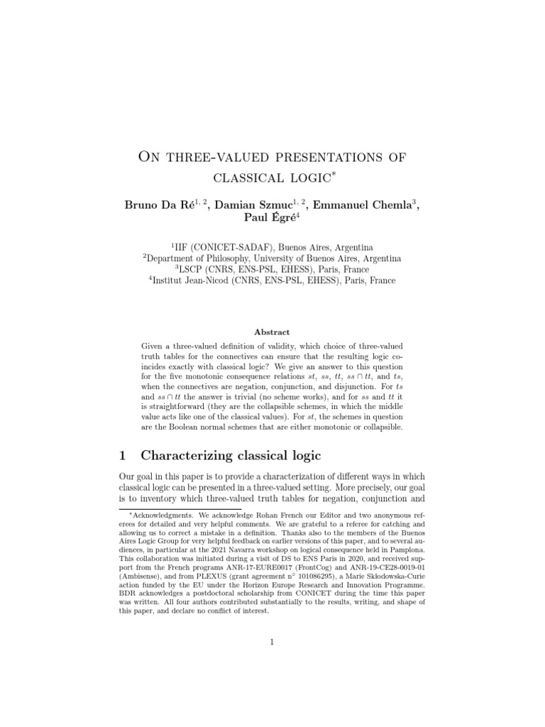 Bruno Da Re - On Three-Valued Presentations of Classical Logic | PDF ...