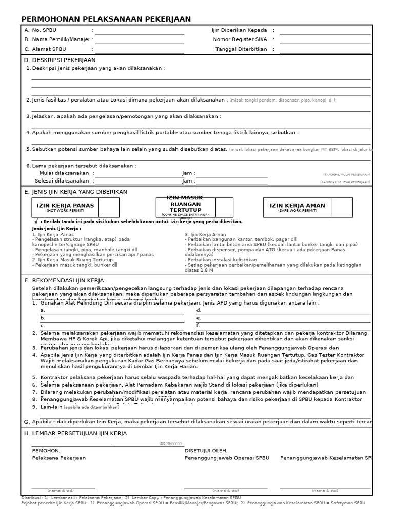 Master Formulir Ijin Kerja Aman SPBU Fix | PDF