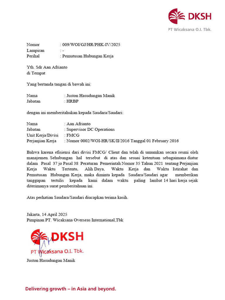 Surat Laporan Pemberitahuan PHK (Aan Afrianto) | PDF