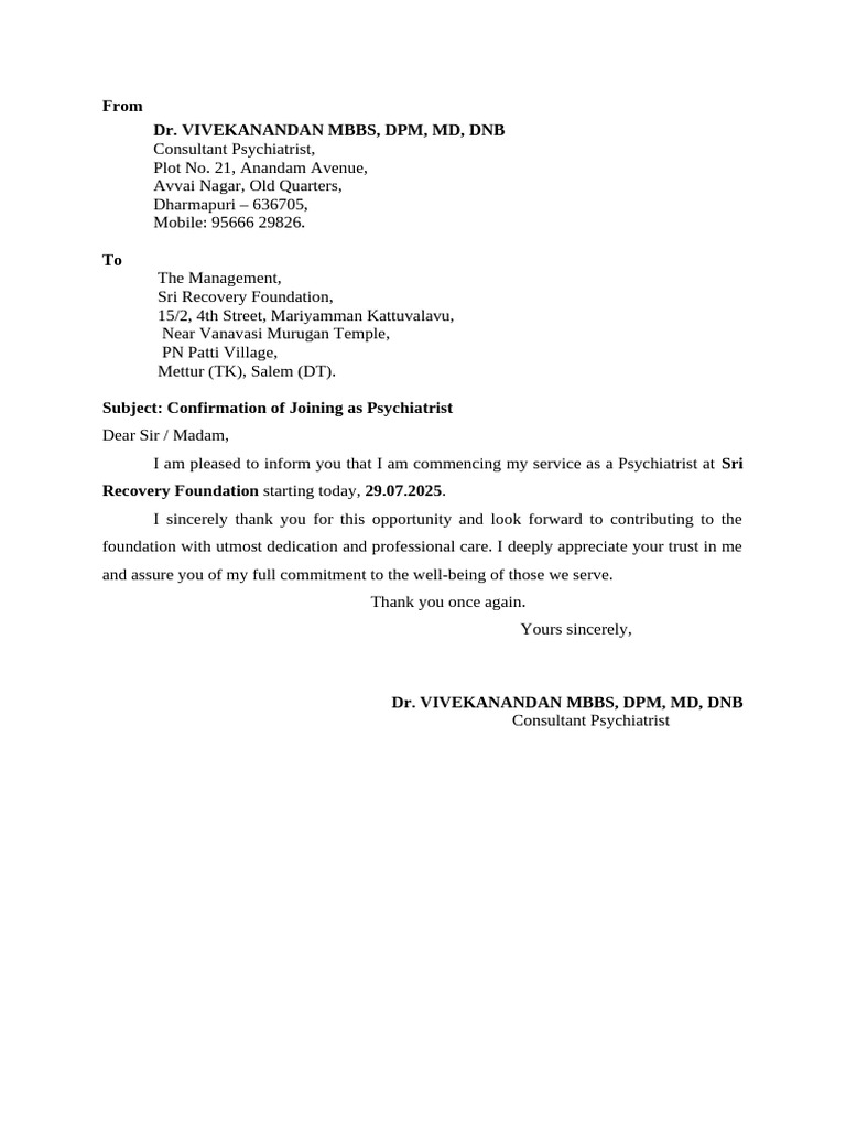 Dr. Vivekanandan Joins Sri Recovery Foundation | PDF