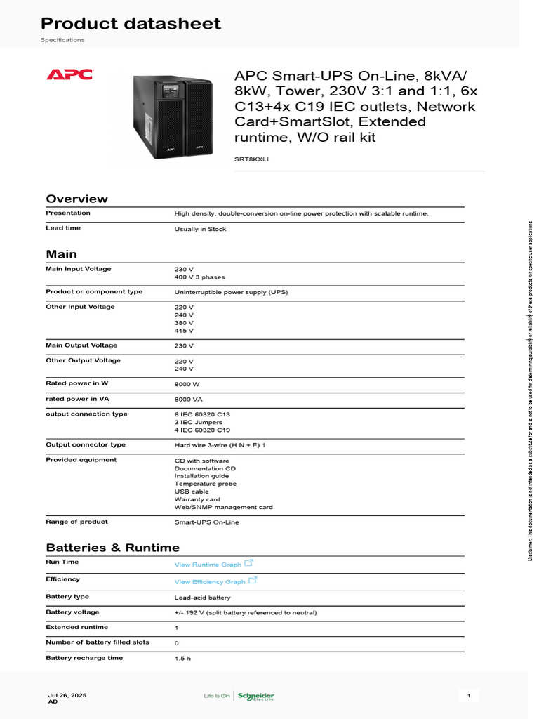APC SRT8KXLI UPS Overview and Specs | PDF | Mains Electricity ...