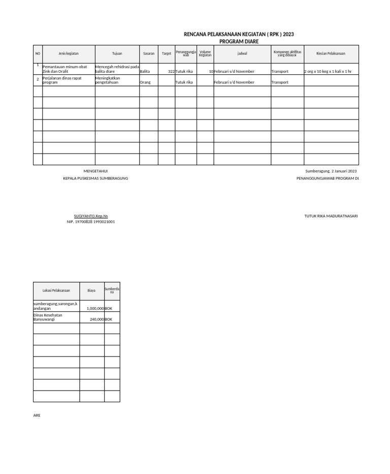 2, Tabel RPK Program Diare | PDF