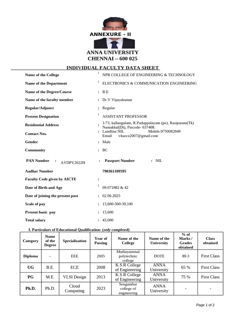 Dr.v.vijayakumar Annexure-II | PDF | Educational Stages | Qualifications