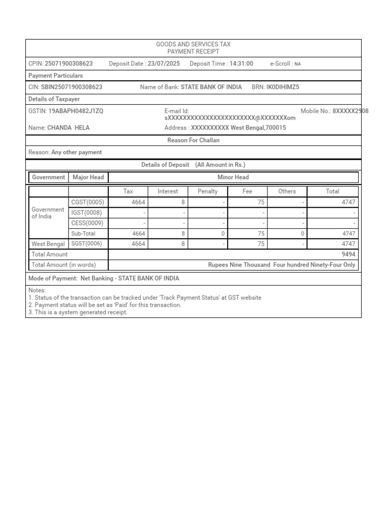 GST Payment Receipt for Chanda Hela | PDF