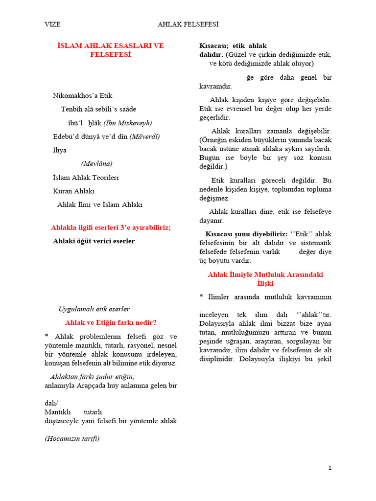 İslam Ahlak Esasları Özet | PDF