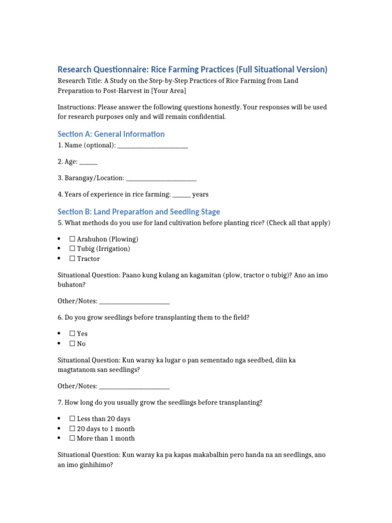 Rice Farming Practices Survey Questionnaire | PDF | Rice | Herbicide