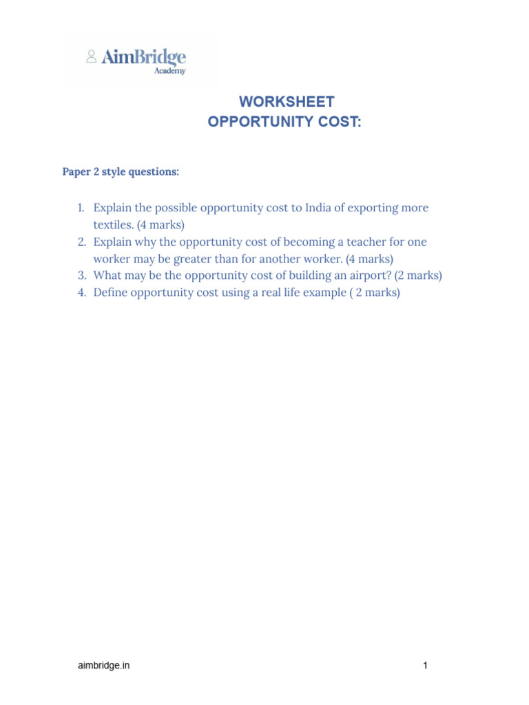 Opporunity Cost Worksheet | PDF | Opportunity Cost | Profit (Economics)