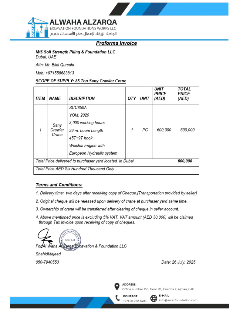 Proforma Invoice SSF 85 Ton Crane (Revised) | PDF