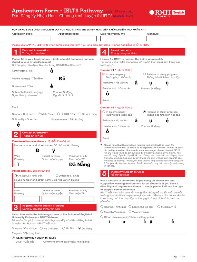 AppForm - IELTS Pathways (Under 18) - 220318 | PDF