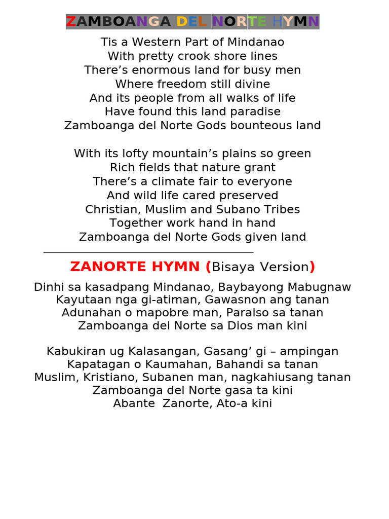 Zamboanga del Norte Hymn Lyrics | PDF