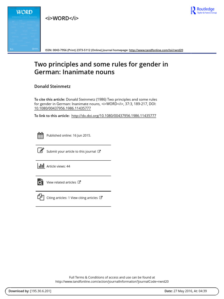 Two Principles and Some Rules For Gender in German Inanimate Nouns ...