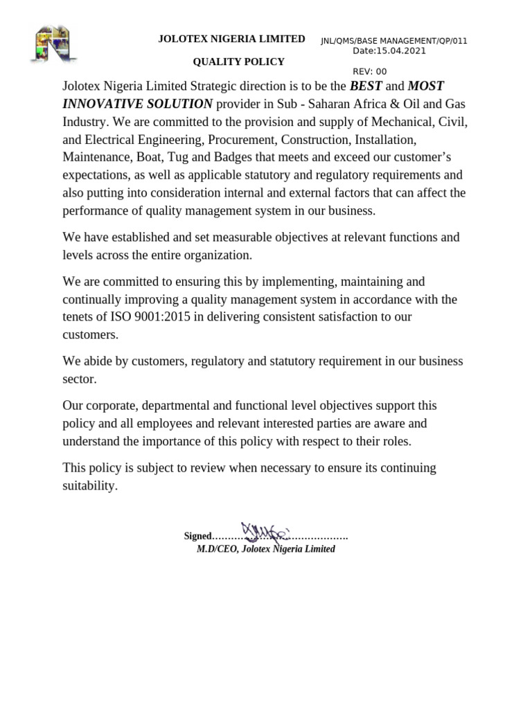 Quality Policy Statement | PDF