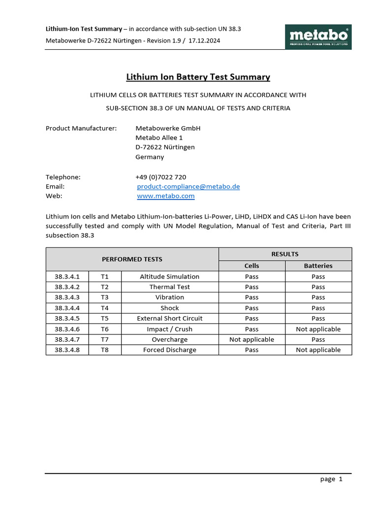 UN 38.3 Lithium-Ion Battery Test Summary | PDF | Lithium Ion Battery ...