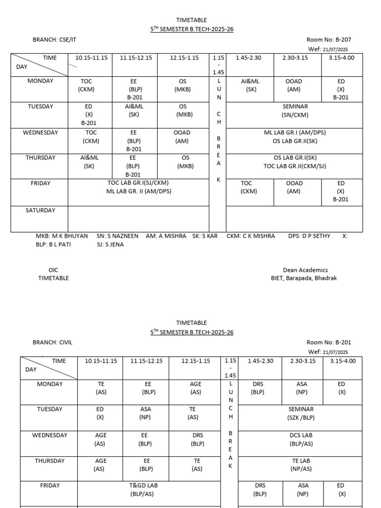 5th 3rd Sem Btech Timetable 2025-26 | PDF