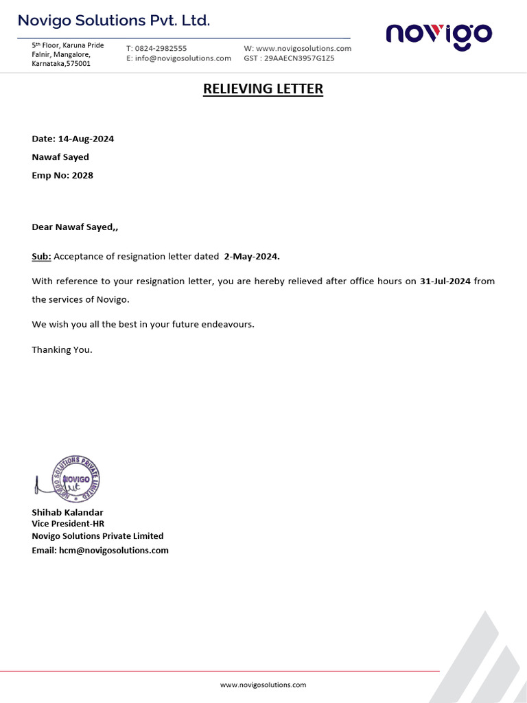 Nawaf Sayed RelievingLetter | PDF