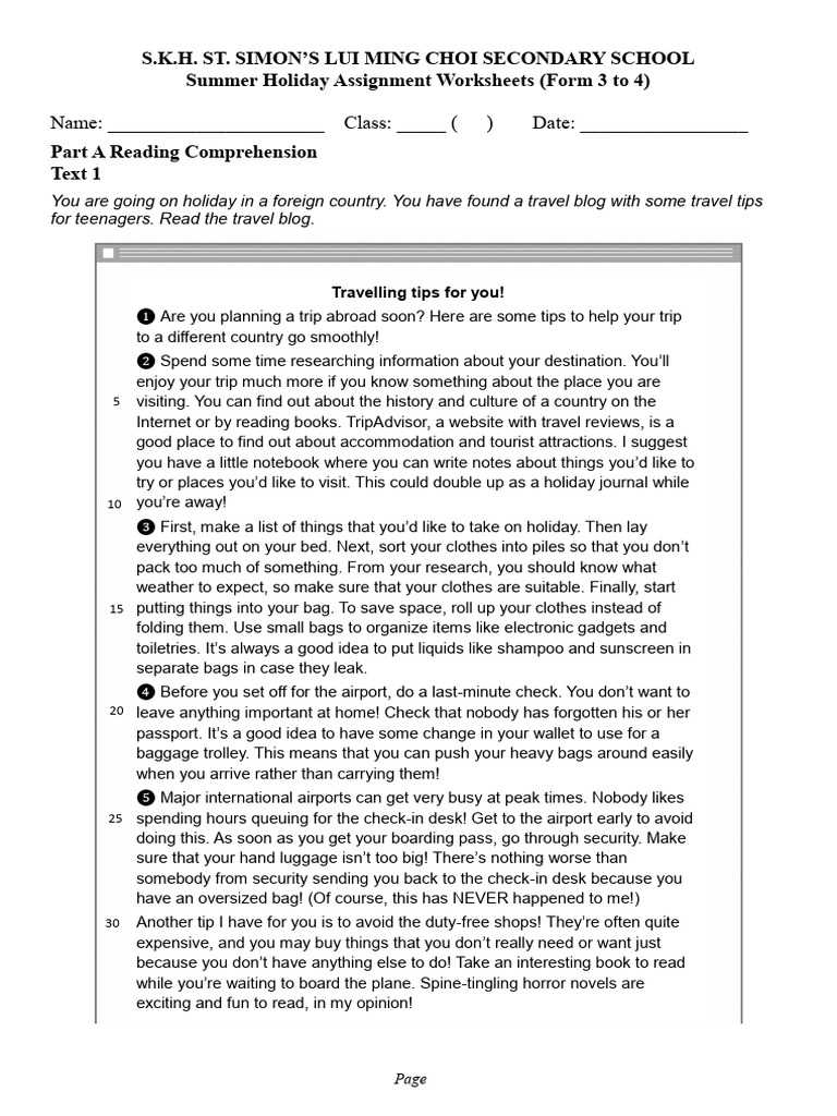 F.3 Summer Holiday Assignment Worksheets | PDF | Baggage