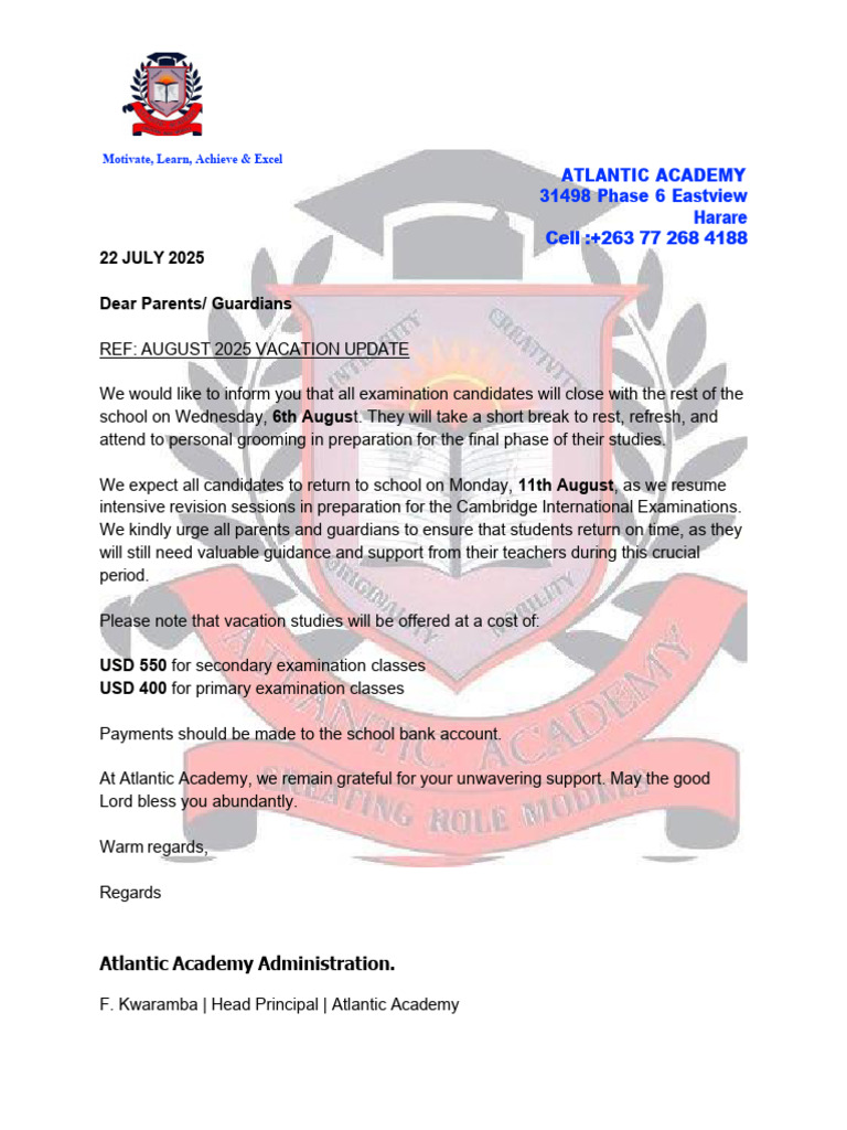 August 2025 Vacation Update for Students | PDF