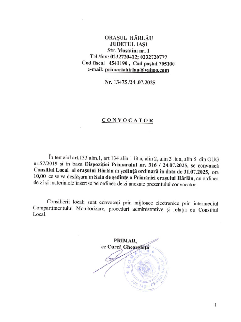 CONVOCARE SEDINȚĂ ORDINARĂ CL HÂRLĂU 31.07.2025, ORA 10,00 + DP Nr. 316 ...