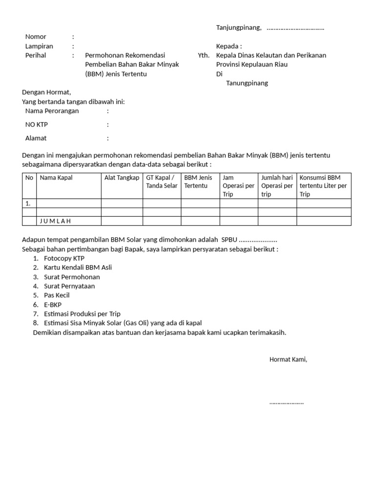 Contoh Form Permohonan BBM 1-5 GT | PDF