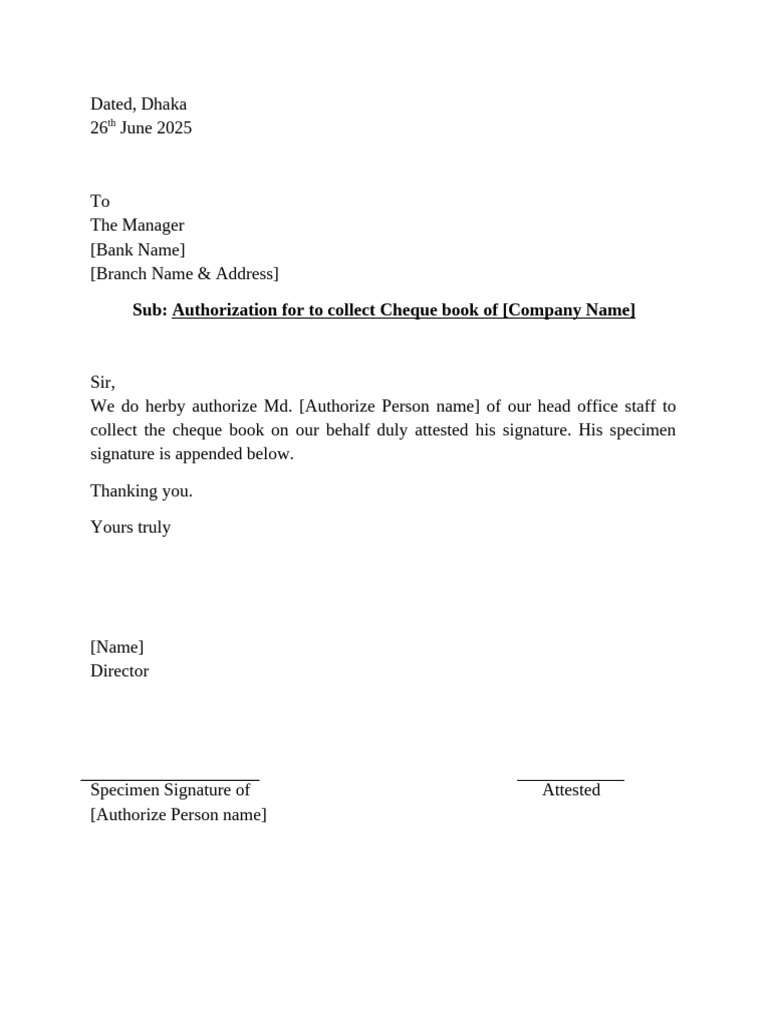 Cheque Book Collect Authorization Letter | PDF