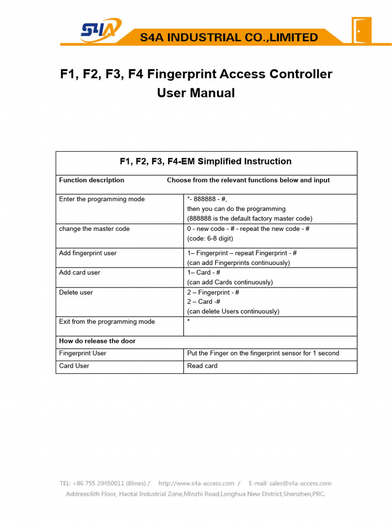 Fingerprint Access Control User Manual | PDF | Radio Frequency ...