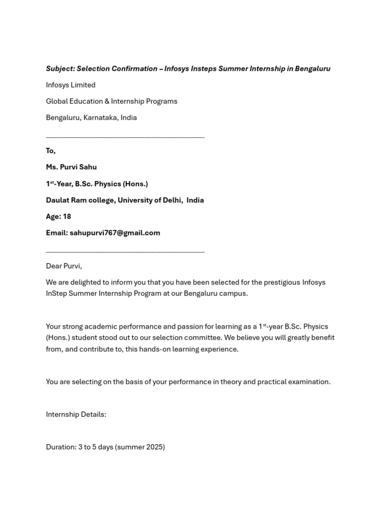 Infosys Internship Confirmation for Purvi | PDF